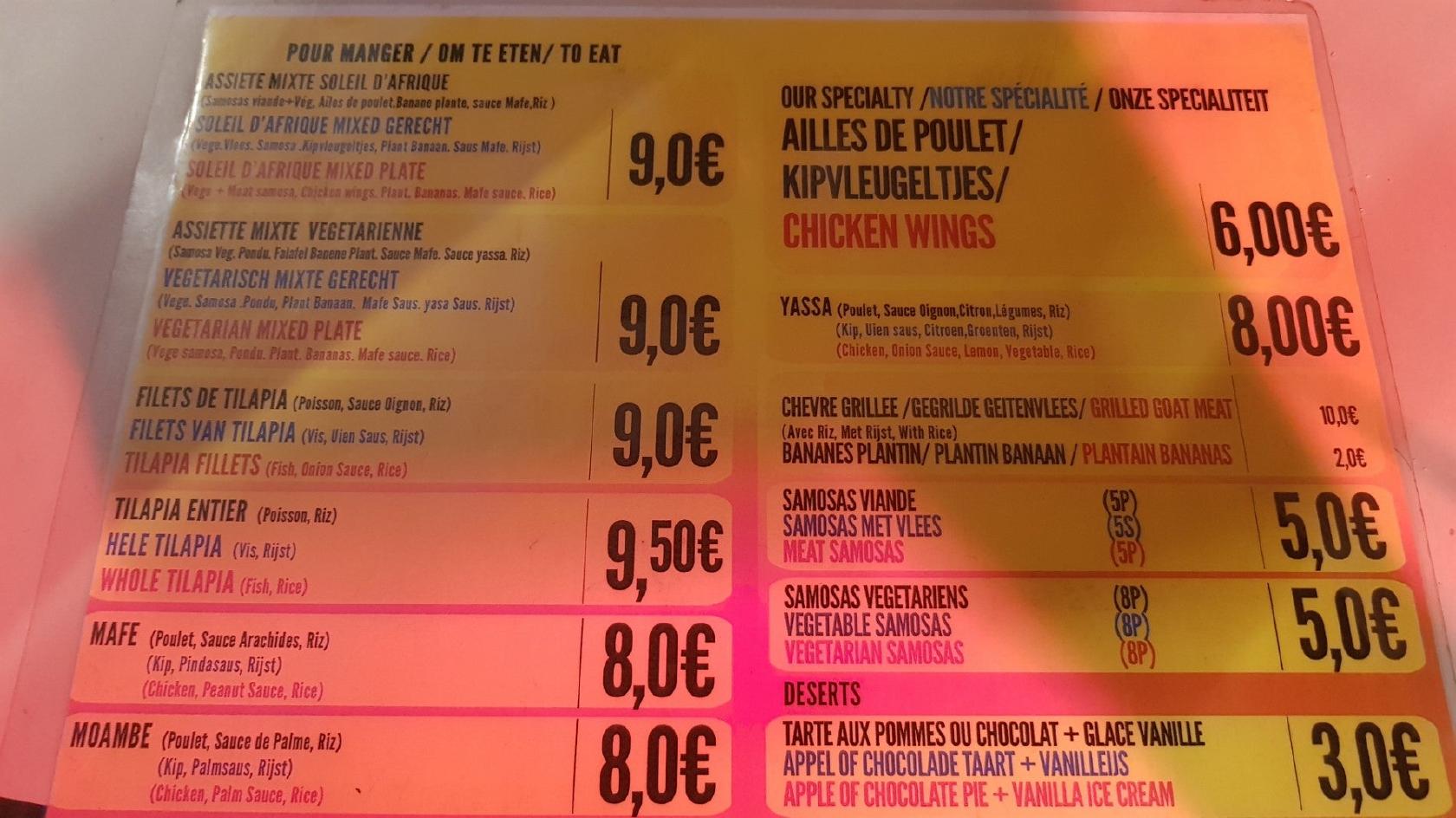 Menu at Au Soleil d'Afrique, Ixelles