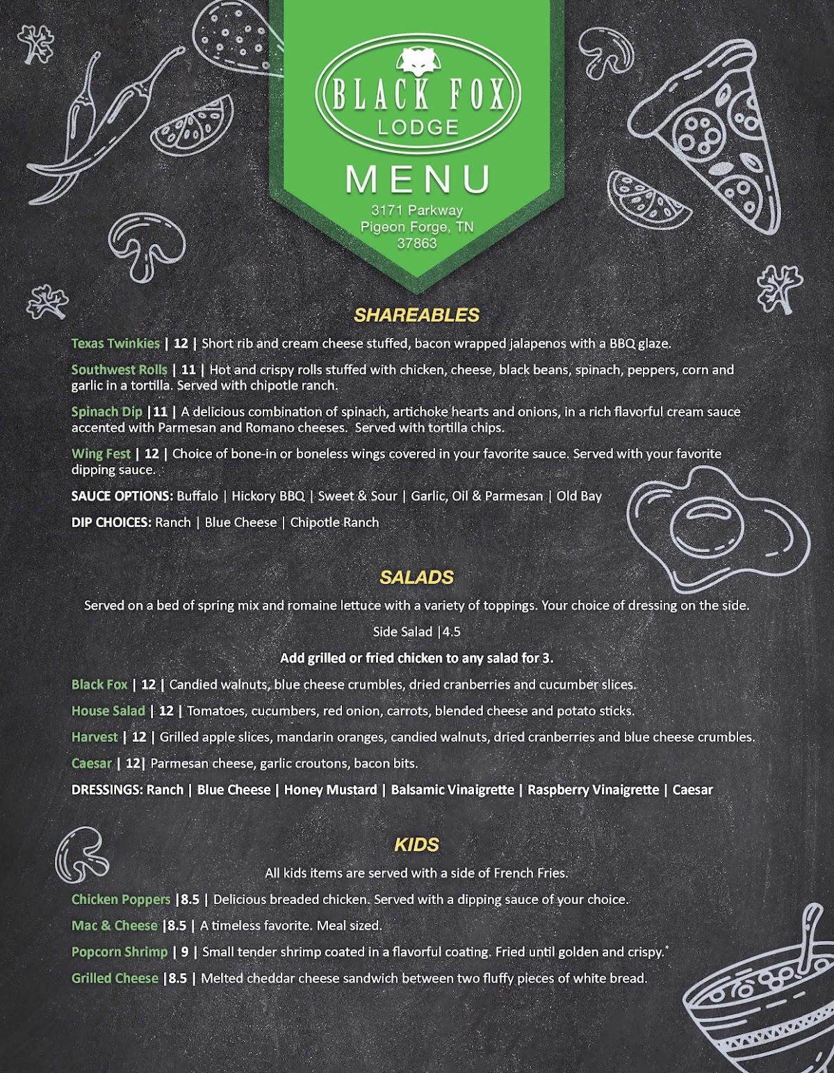 Menu at Fox Den pub & bar, Pigeon Forge