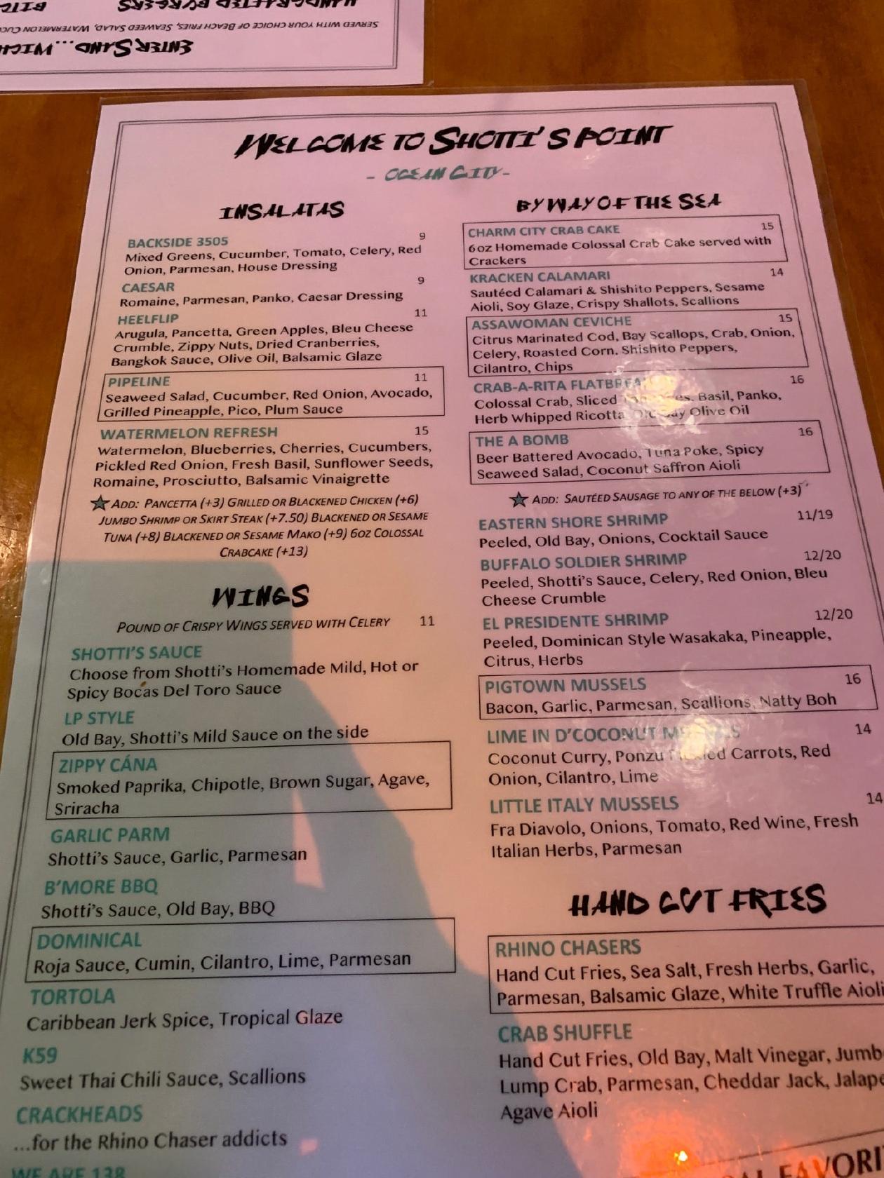 Menu at Shotti's Point Ocean City pizzeria, Ocean City