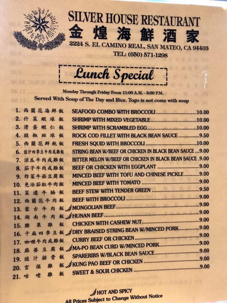 Menu at Silver House restaurant, San Mateo