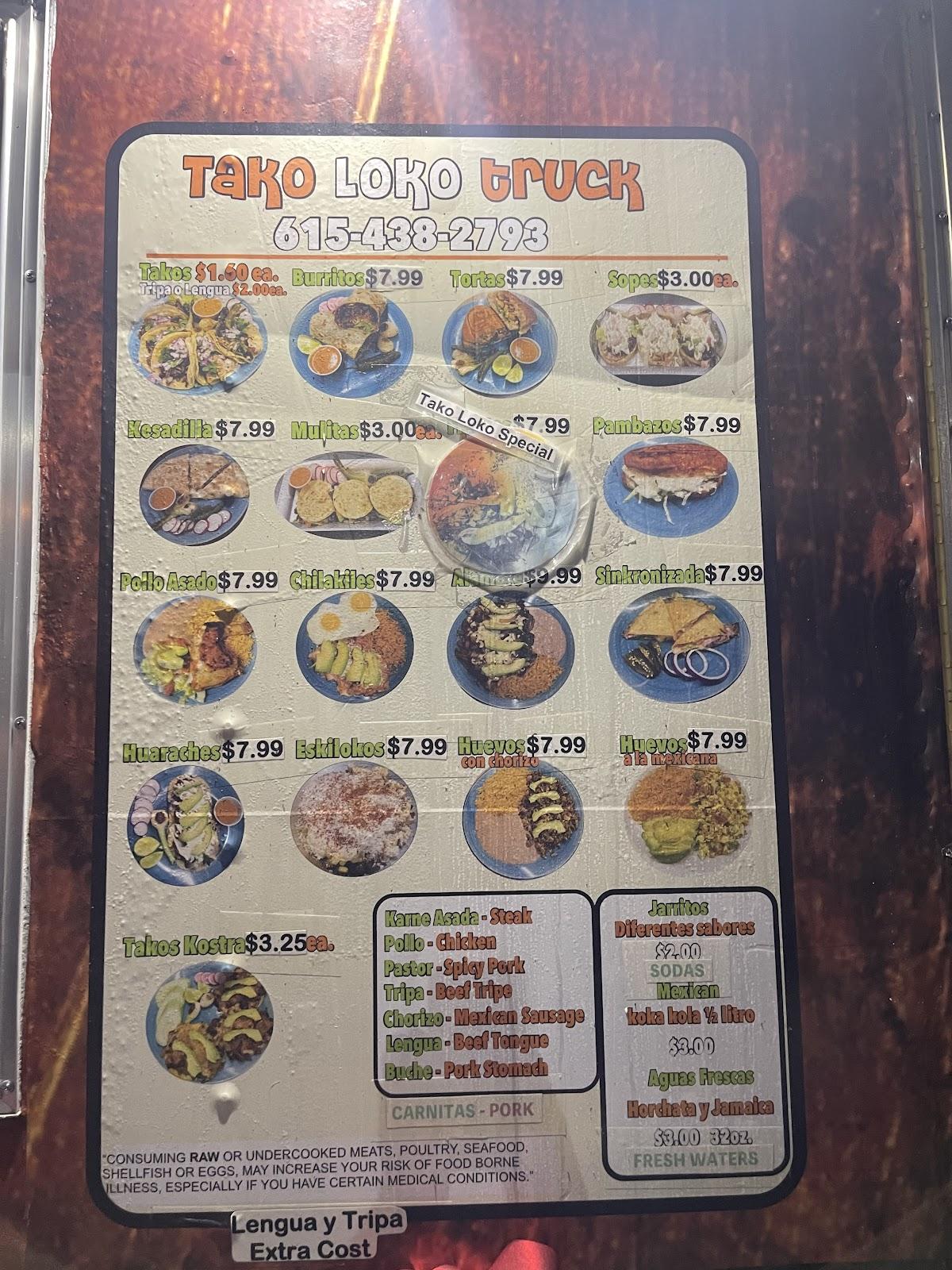 Menu at Tako Loko Truck restaurant, Nashville