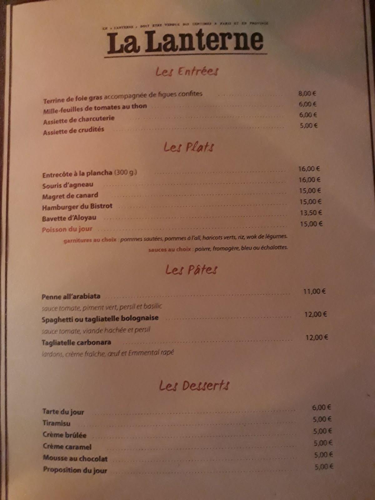 Menu au La Lanterne restaurant, Montreuil, 11 Rue Marcel Sembat