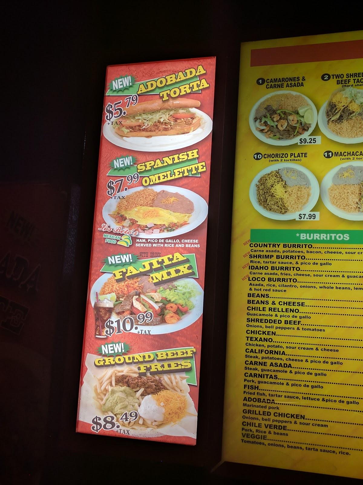 Menu at Los Betos restaurant, Boise, W State St