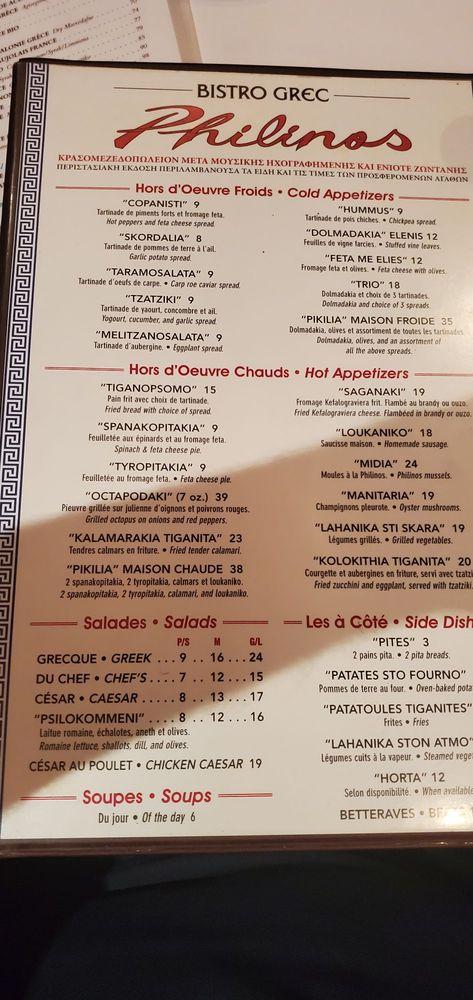 Menu at Philinos Restaurant, Montréal