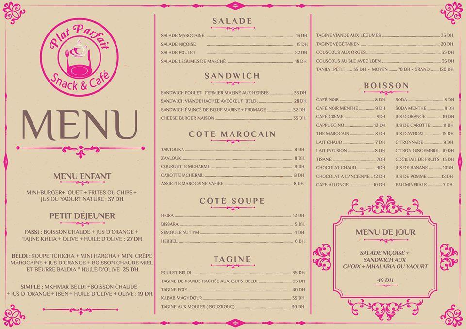 Carta del pub y bar Plat parfait Témara, Temara