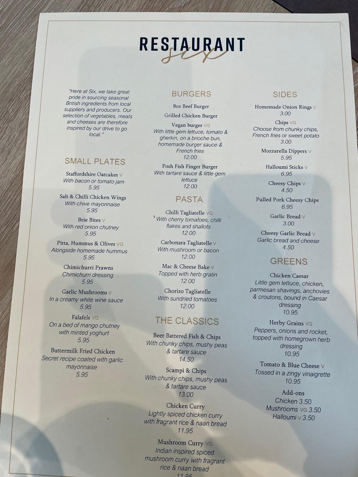 Menu at Restaurant Six, Stoke-on-Trent