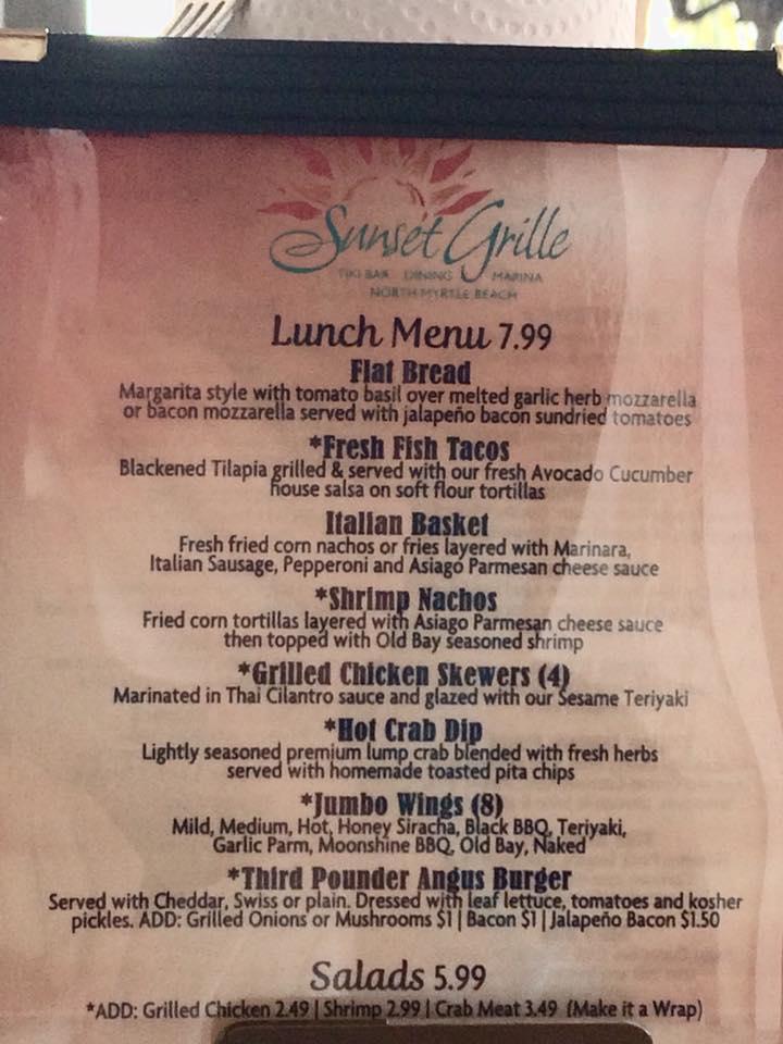 Menu at The TIKI BAR at the sunset grille, North Myrtle Beach