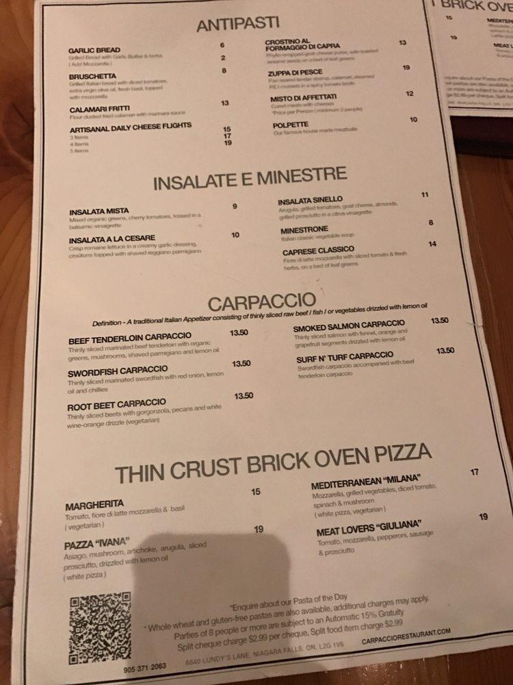 Menu at Carpaccio Restaurant & Wine Bar, Niagara Falls