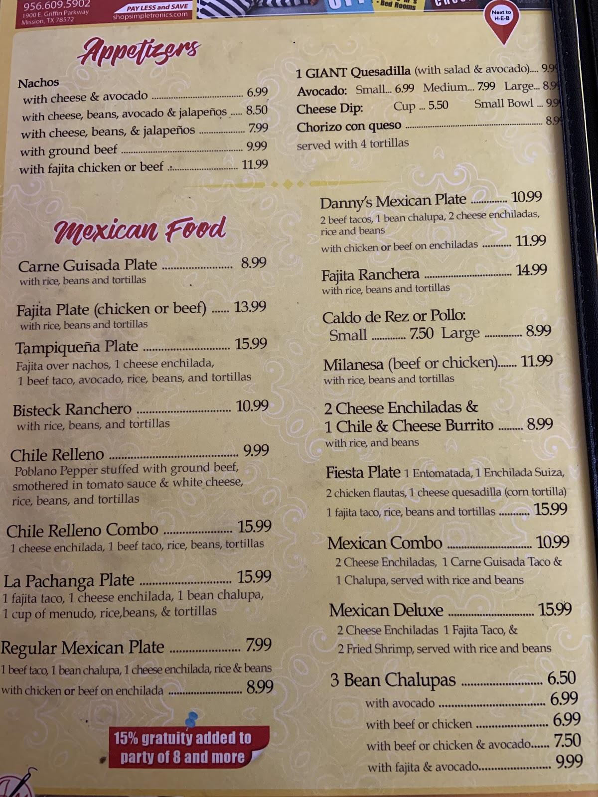 Menu at Danny's Restaurant Sharyland, Mission, E Griffin Pkwy