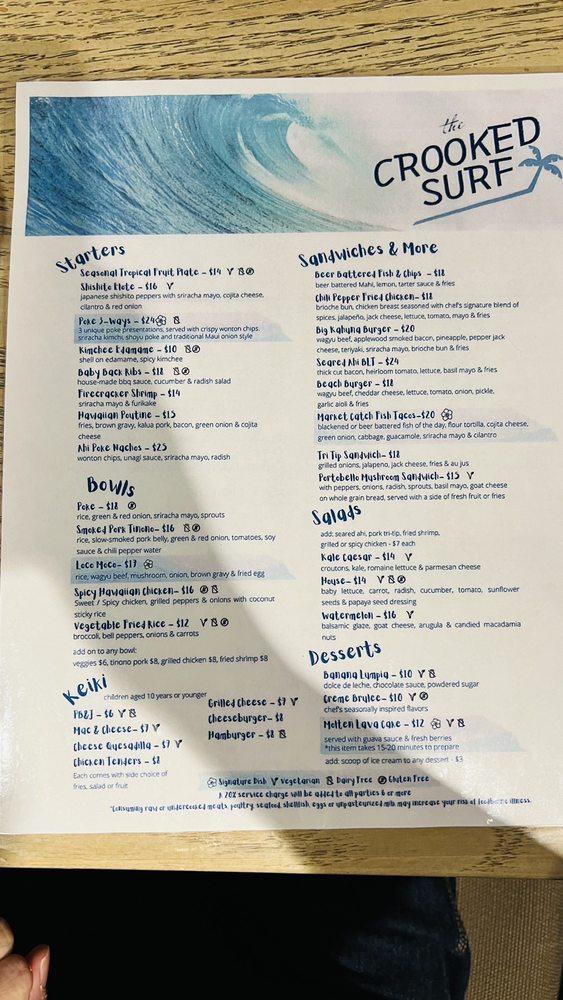 Menu at The Crooked Surf pub & bar, Kapaa