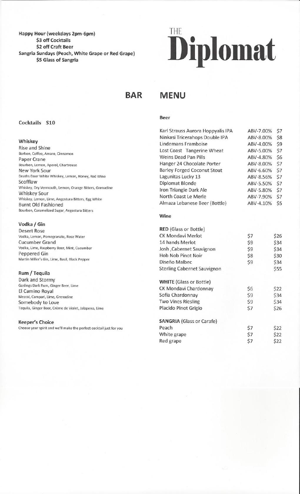Menu at The Diplomat Eatery and Tavern pub & bar, Monrovia