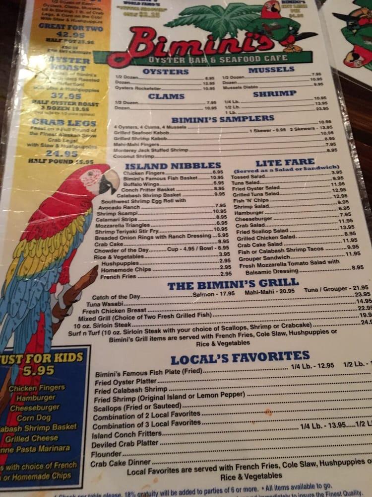 Menu at Bimini's Oyster Bar & Seafood Market, Myrtle Beach