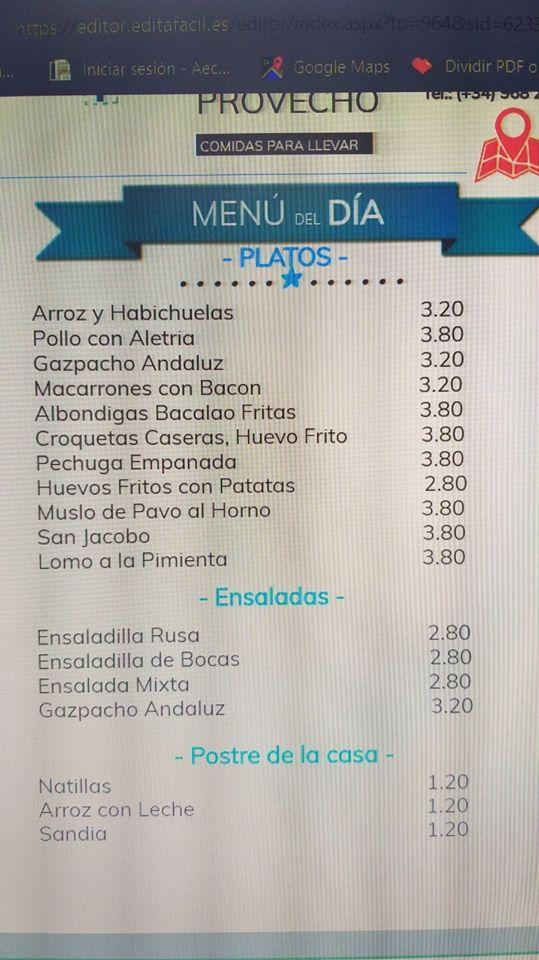 Menu at Buen Provecho restaurant, Murcia