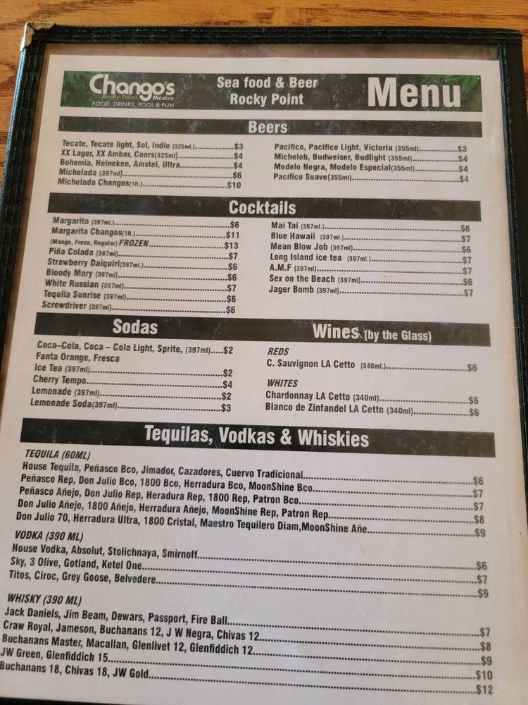 Menu at Chango's Seafood & Beer restaurant, Puerto Peñasco