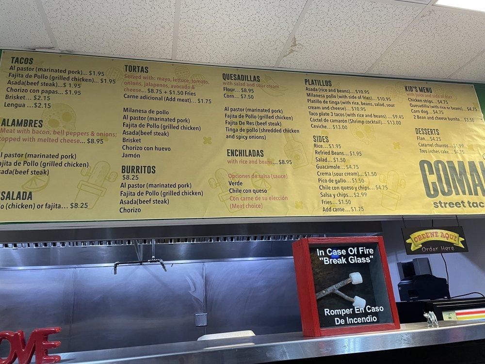 Menu at Comal Street Tacos restaurant, Hurst