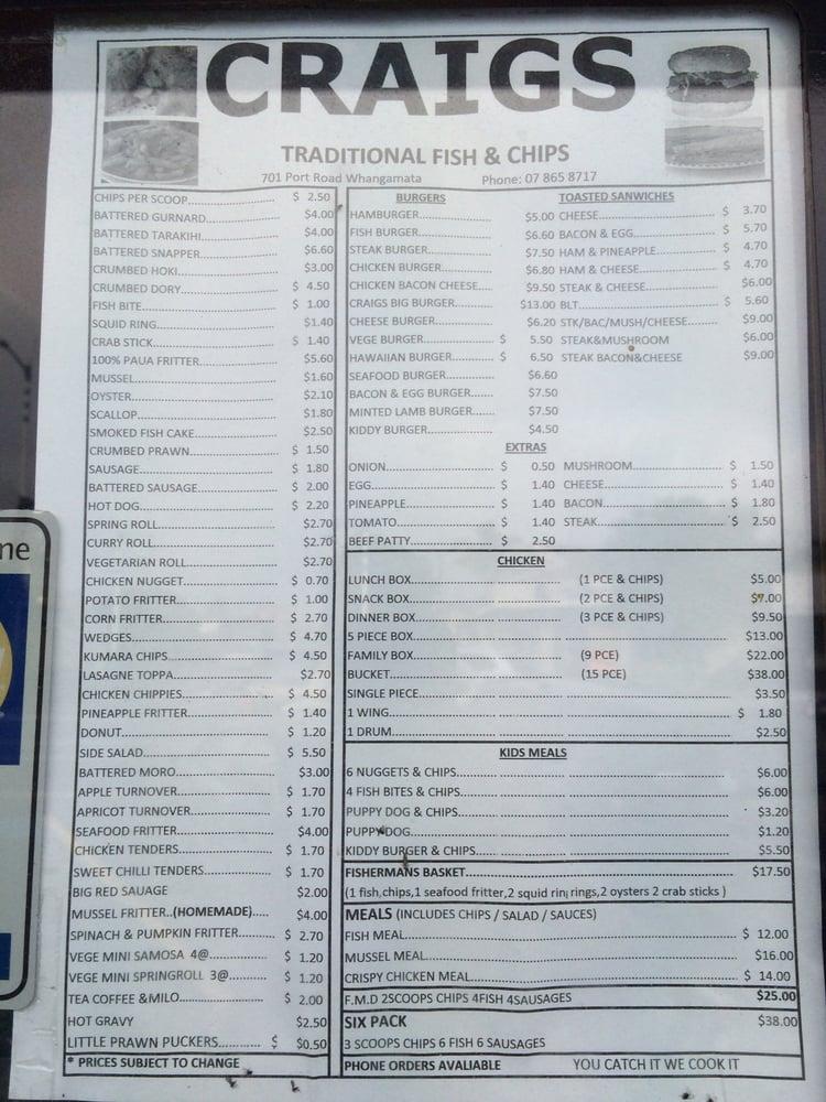 Menu at Craigs Traditional Fish and Chips fast food, Whangamata