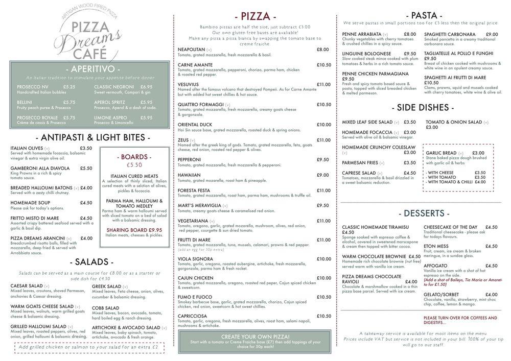 Menu at Pizza Dreams Café pizzeria, Cookham