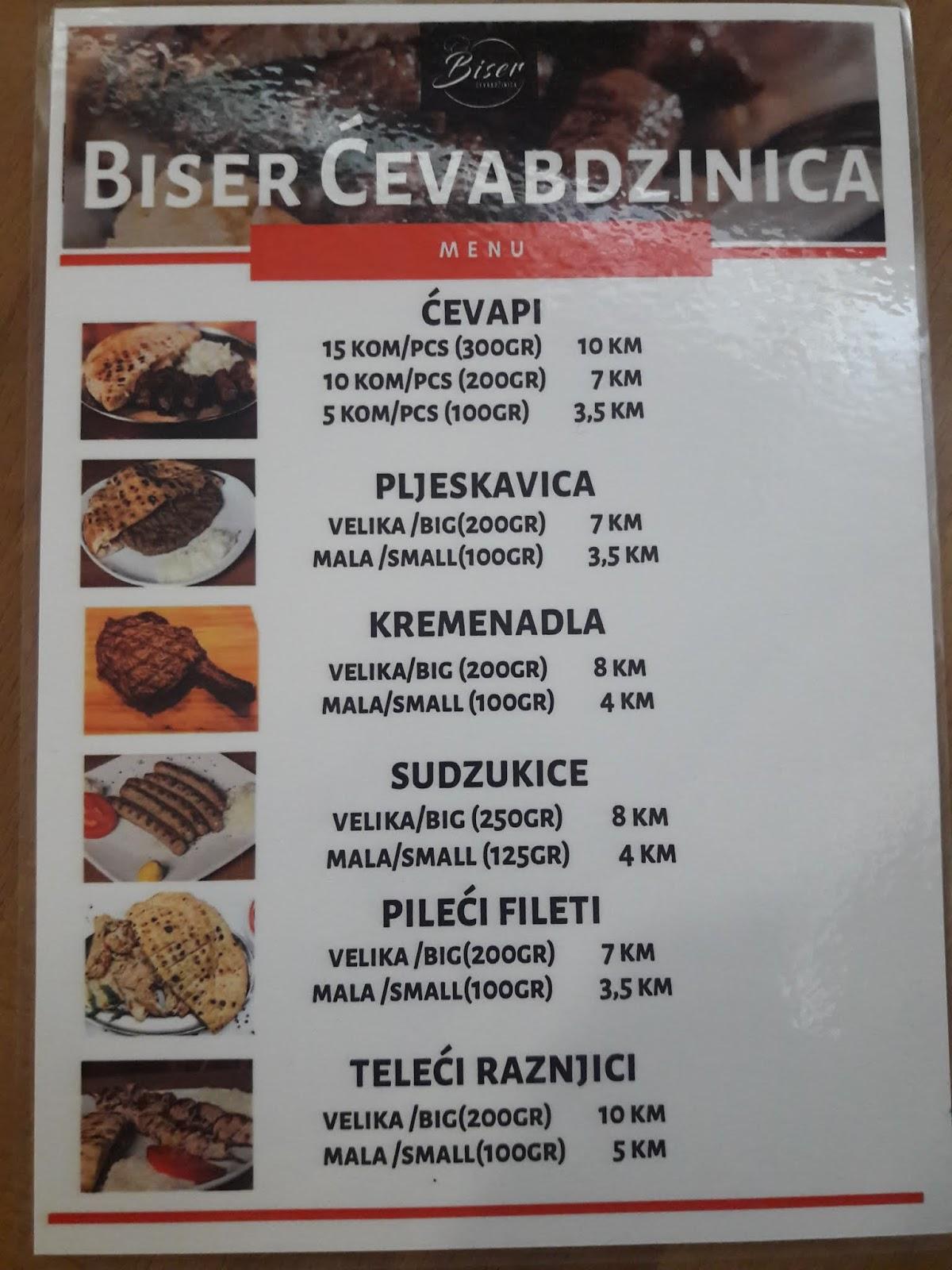 Menu at Sarajevski Biser restaurant, Sarajevo