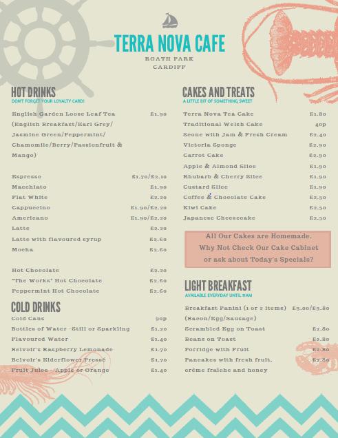 Menu at Terra Nova cafe, Cardiff, 51 Lake Rd W