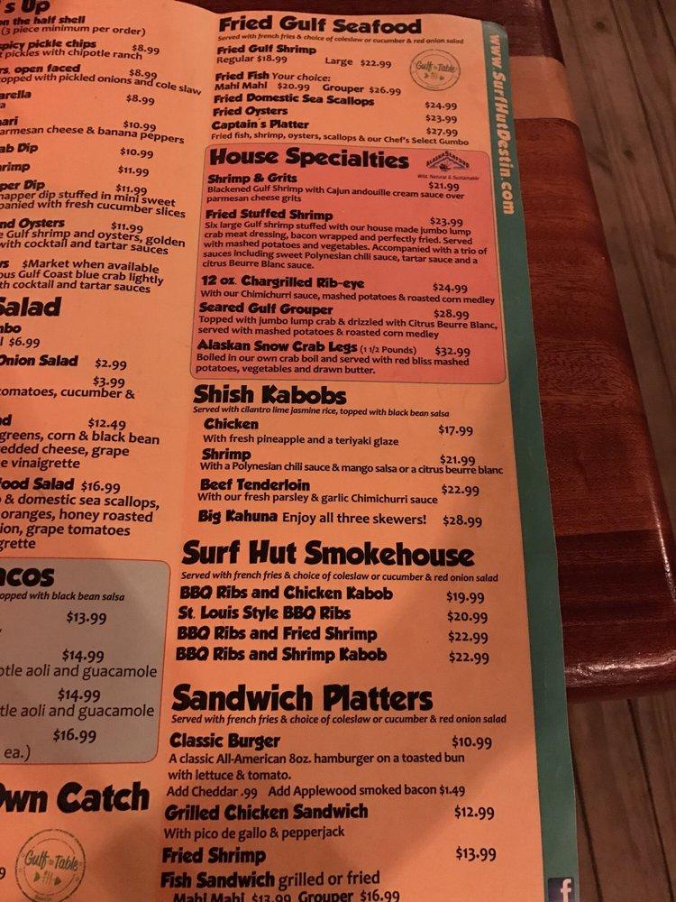 Menu at Surf Hut restaurant, Destin