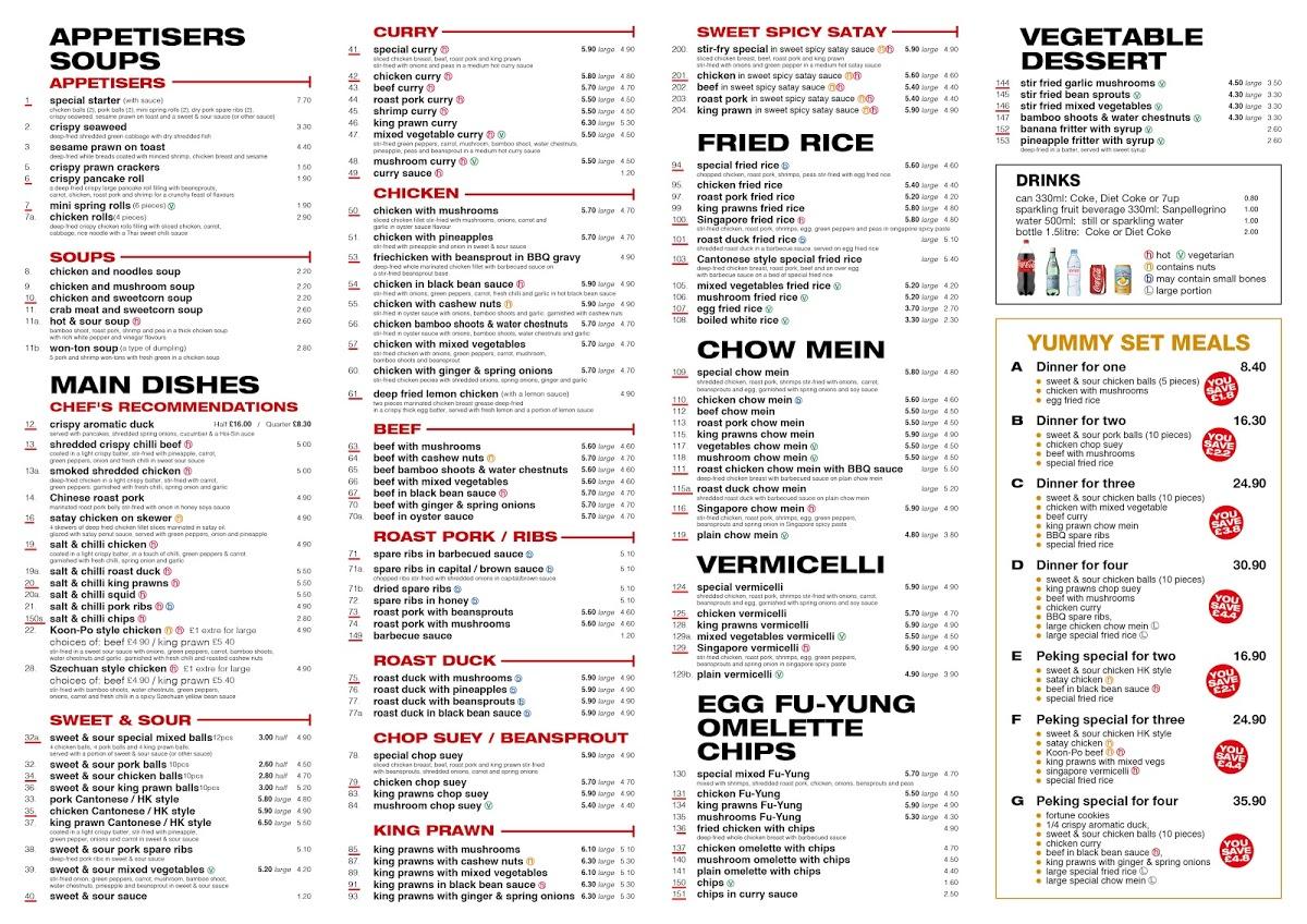 Menu at YUMMY Chinese Takeaway restaurant, Deal