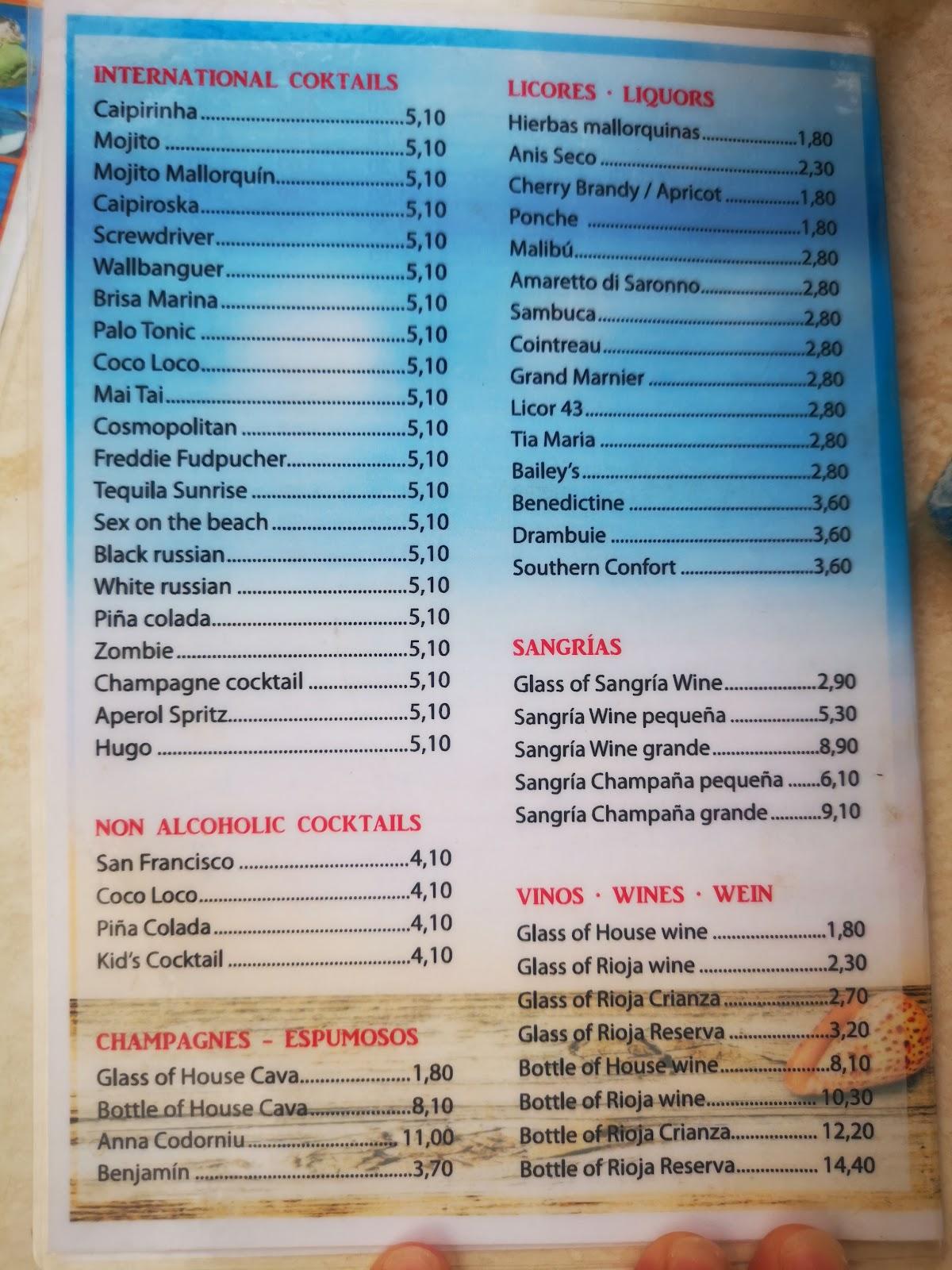 Menu at Cafetería Don Juan, Can Picafort