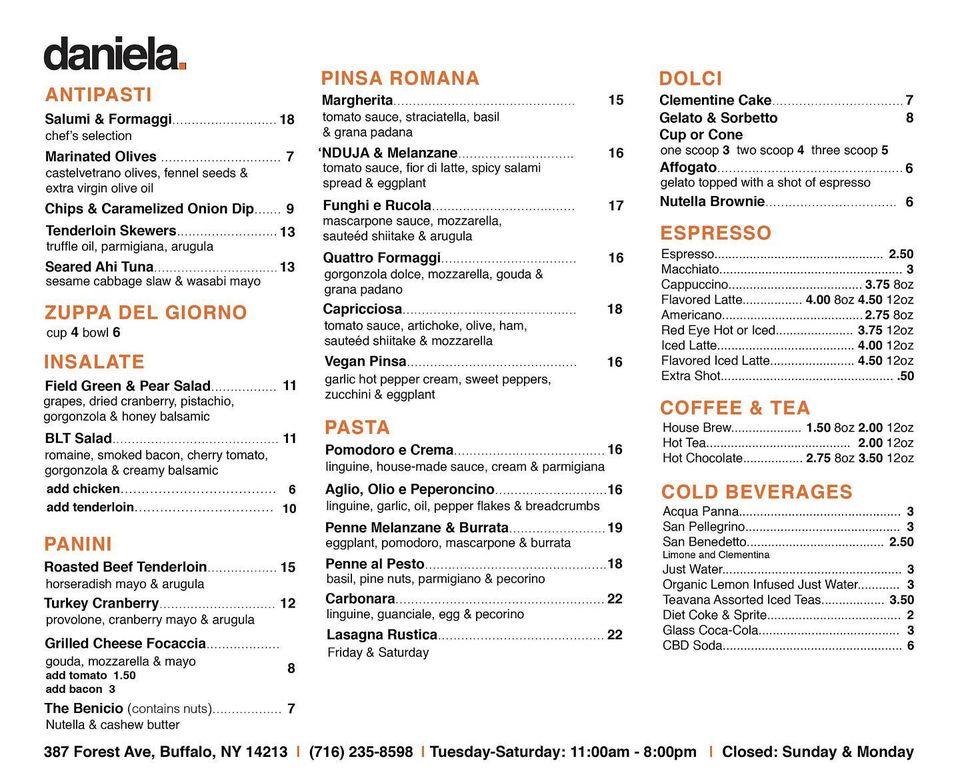 Menu at Daniela pub & bar, Buffalo