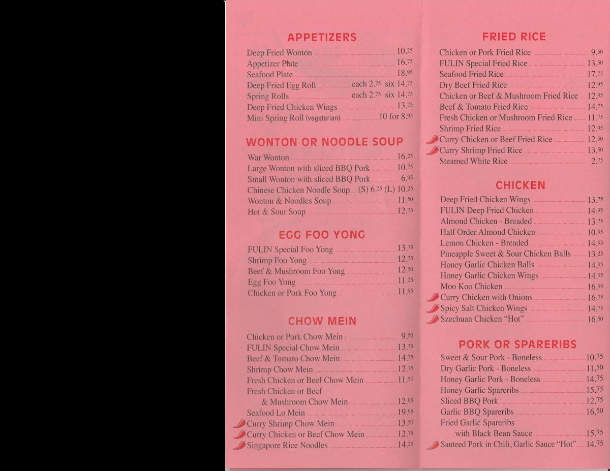 Menu at Fulin Restaurant, Quesnel