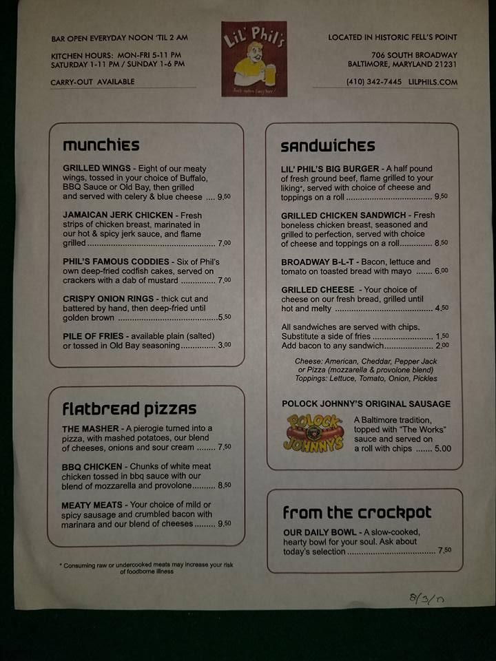 Menu at Lil' Phil's pub & bar, Baltimore