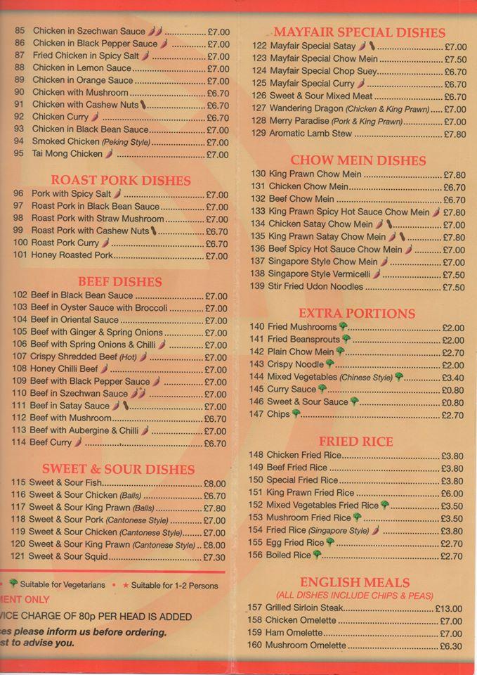 Menu at Mayfair restaurant, Nottingham, 79 Mansfield Rd