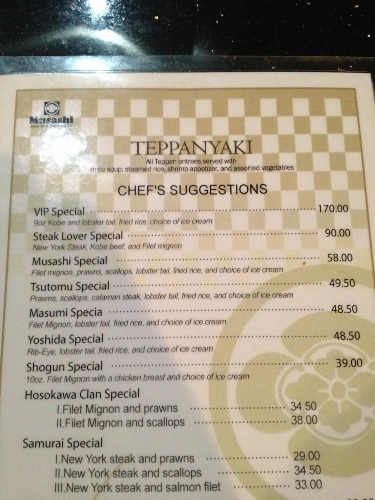 Menu at Musashi Japanese Steakhouse, Las Vegas