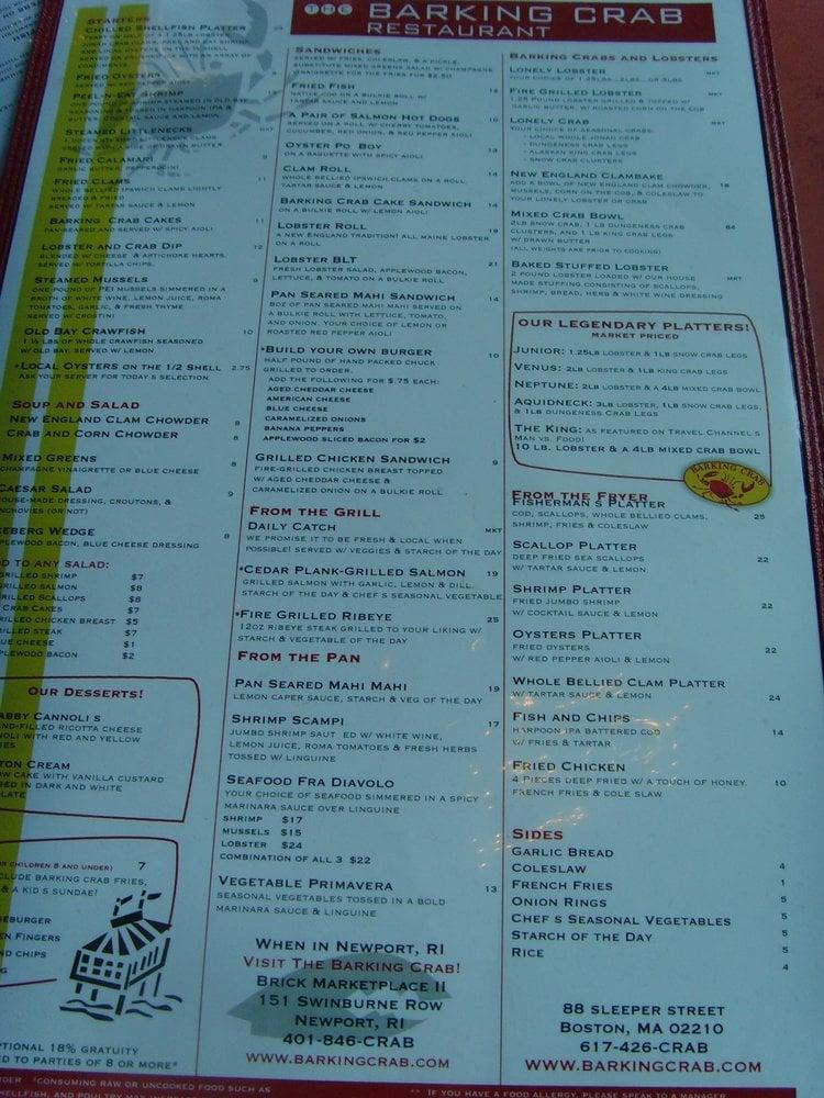 Menu at The Barking Crab, Boston