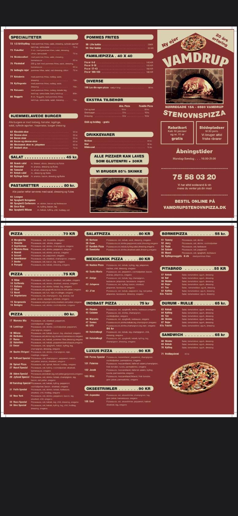 Menu at Vamdrup Stenovnspizza pizzeria, Vamdrup