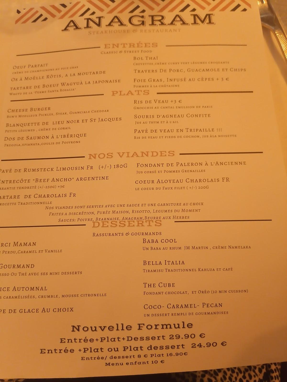 Menu au Anagram restaurant, Arras, 23 Grand'Place