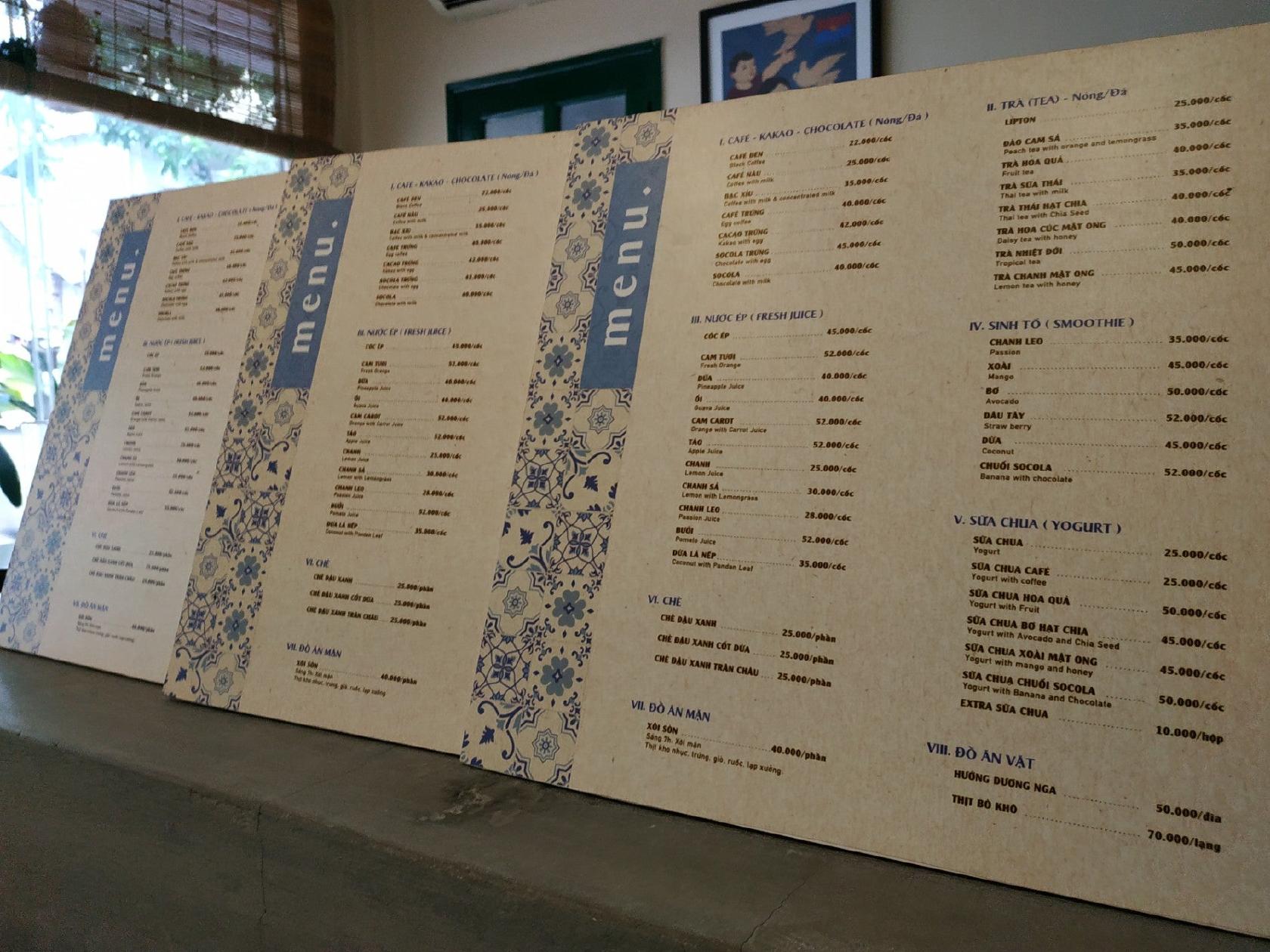 Menu at Ashima Nguyen Dinh Chieu cafe, Hanoi