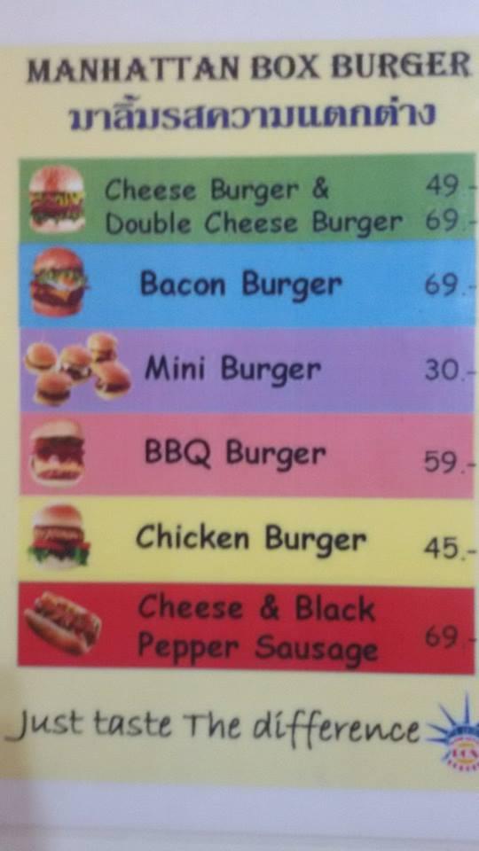 Menu at Manhattan Box Burger restaurant, Bangkok