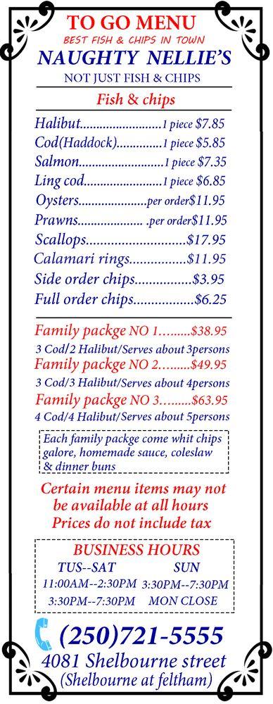 Menu at Naughty Nellie's Not Just Fish & Chips restaurant, Victoria