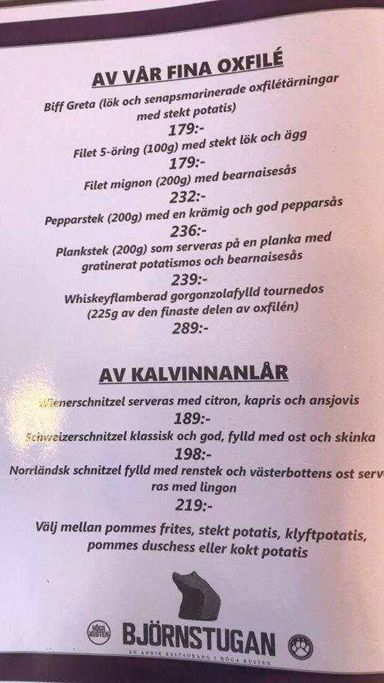 Menu at Björnstugan AB restaurant, Sweden