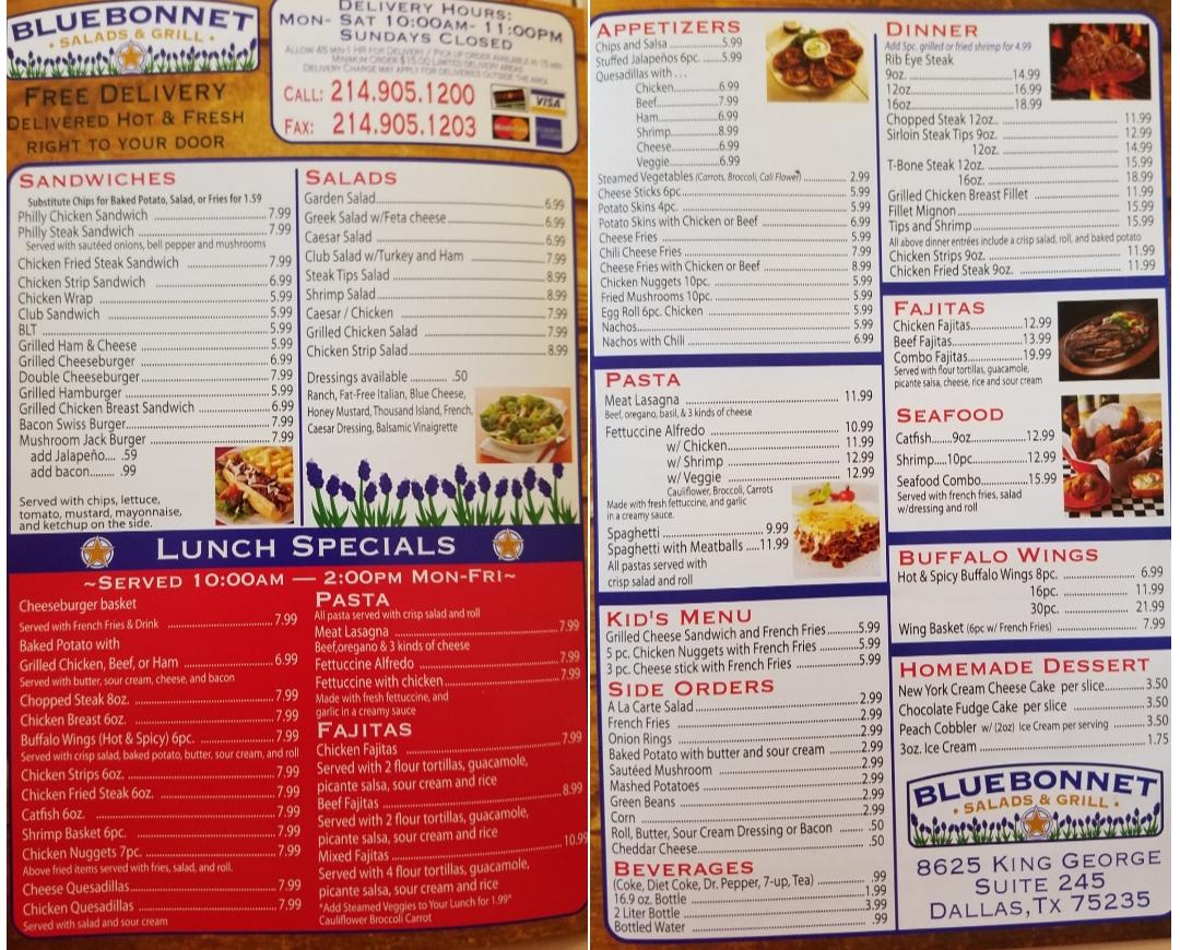 Menu at Bluebonnet Salads & Grill fast food, Dallas