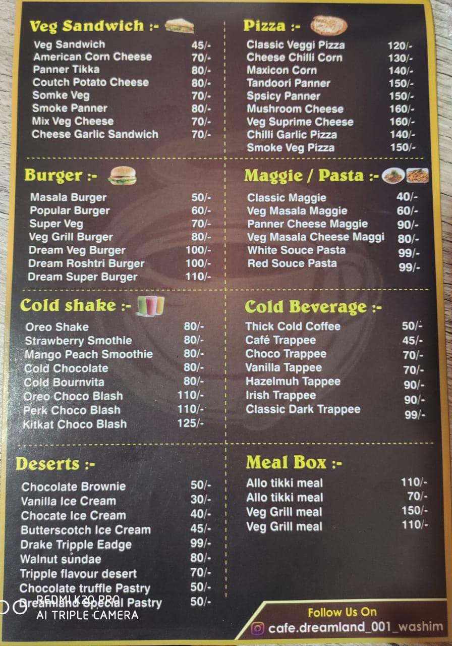 Menu at Cafe Dreamland, Risod