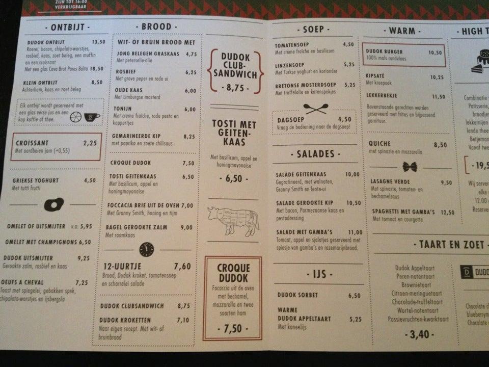 Menu at Dudok, Rotterdam, Meent 88