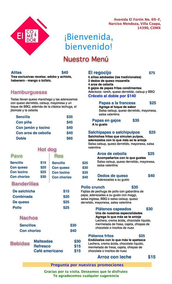Menu at El Comedor restaurant, Mexico City, El Fortín 69