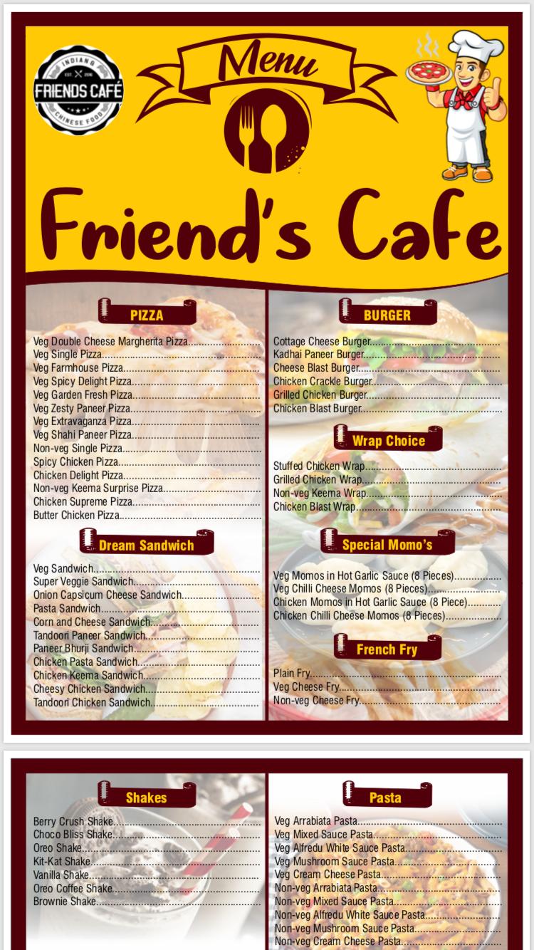 Menu at Friends Café, Bodhgaya