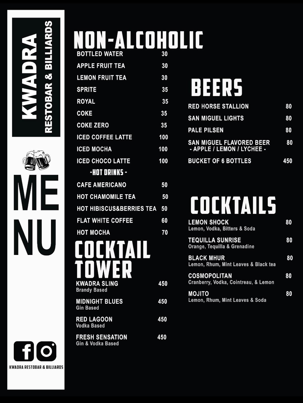 Menu at Kwadra Bar and Billiards, Manila