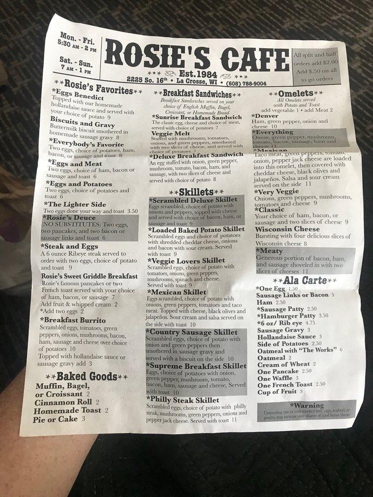 Menu at Rosie's Cafe, La Crosse