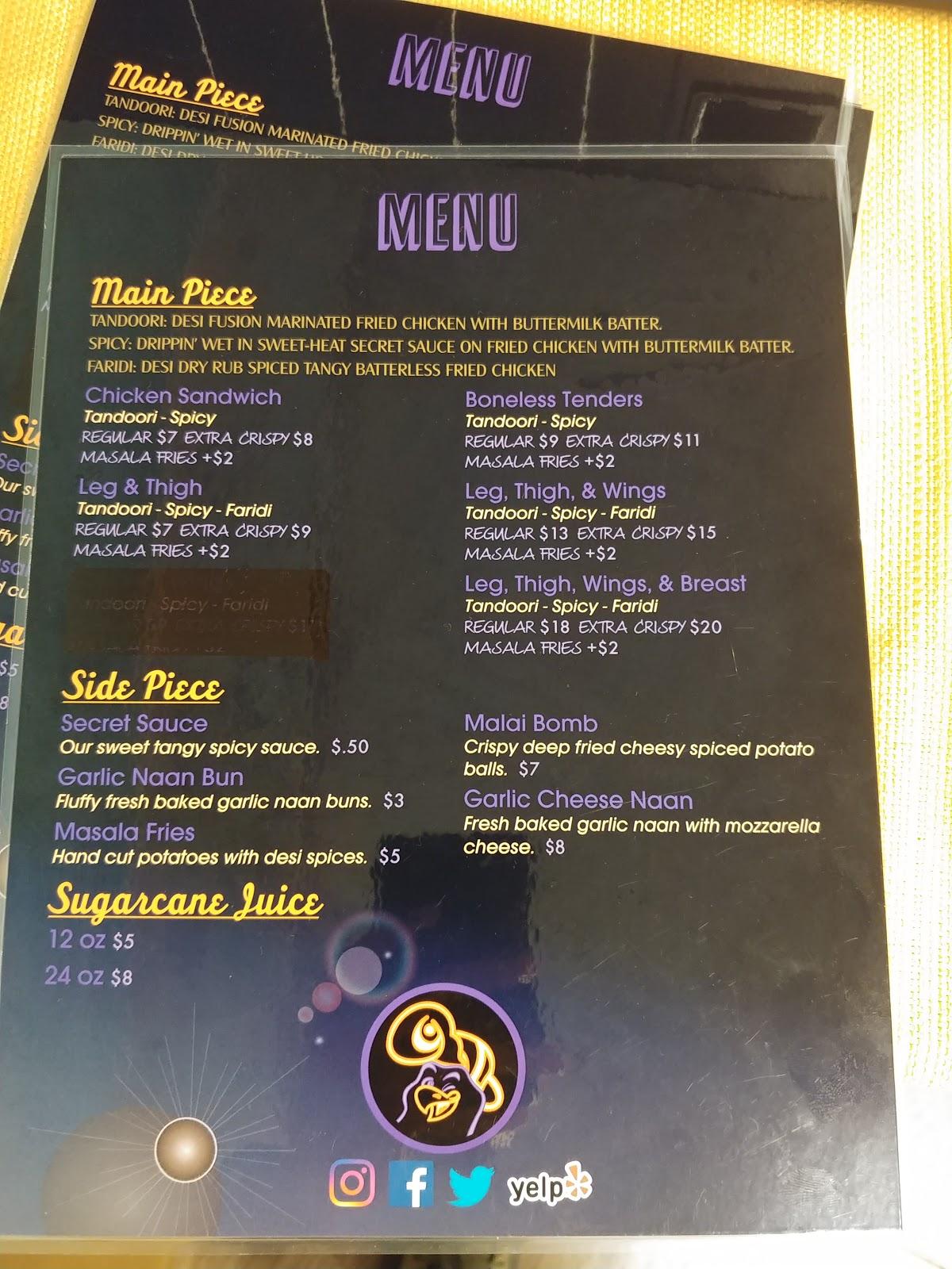Menu at Shani’s Secret Chicken restaurant, Indianapolis