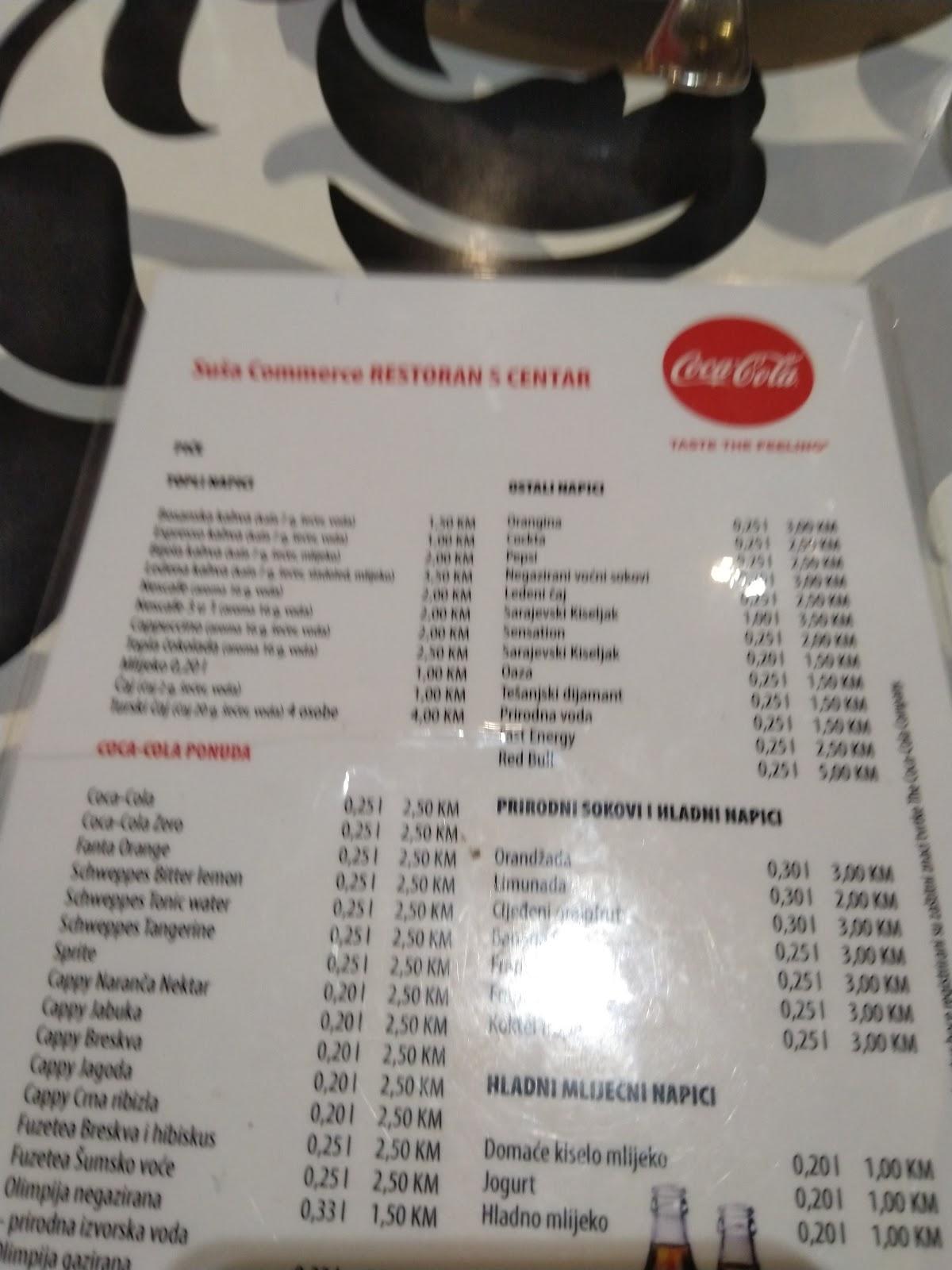 Menu at Suša Commerce restaurant, Visoko