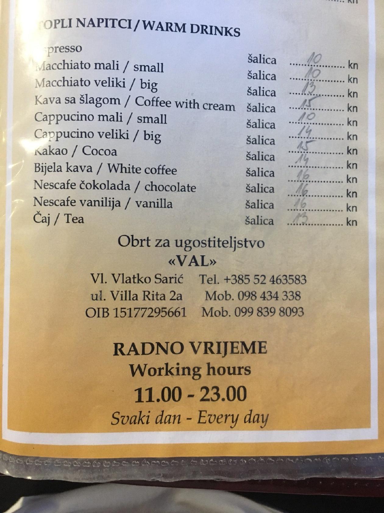 Menu at Val restaurant, Umag