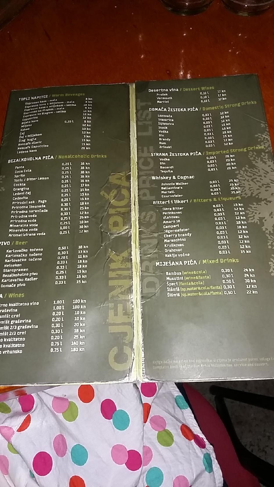 Menu at bistro Olea restaurant, Tučepi