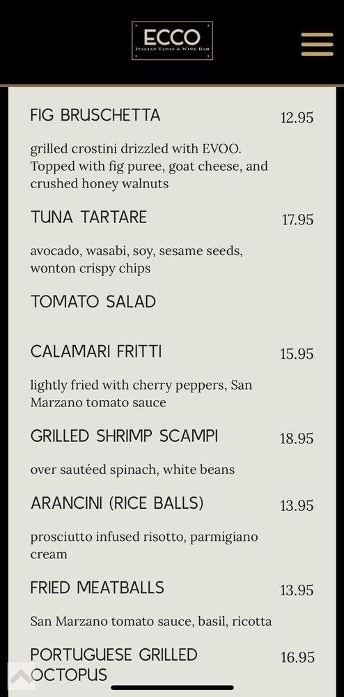 Menu at Ecco Wine Bar, Trumbull